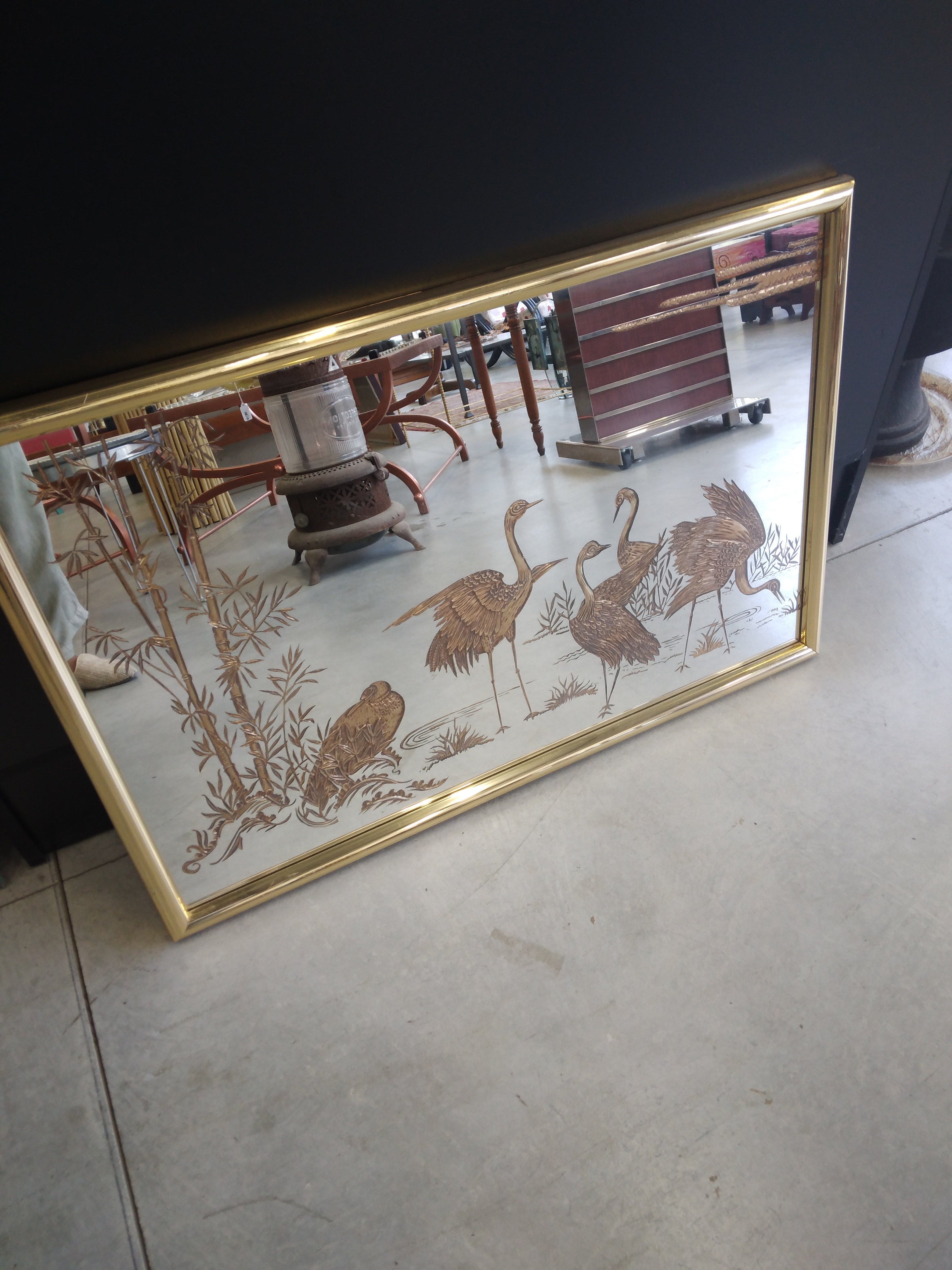 Vintage Gold Etched Glass Mirror with Crane Birds - Hollywood Regency ...