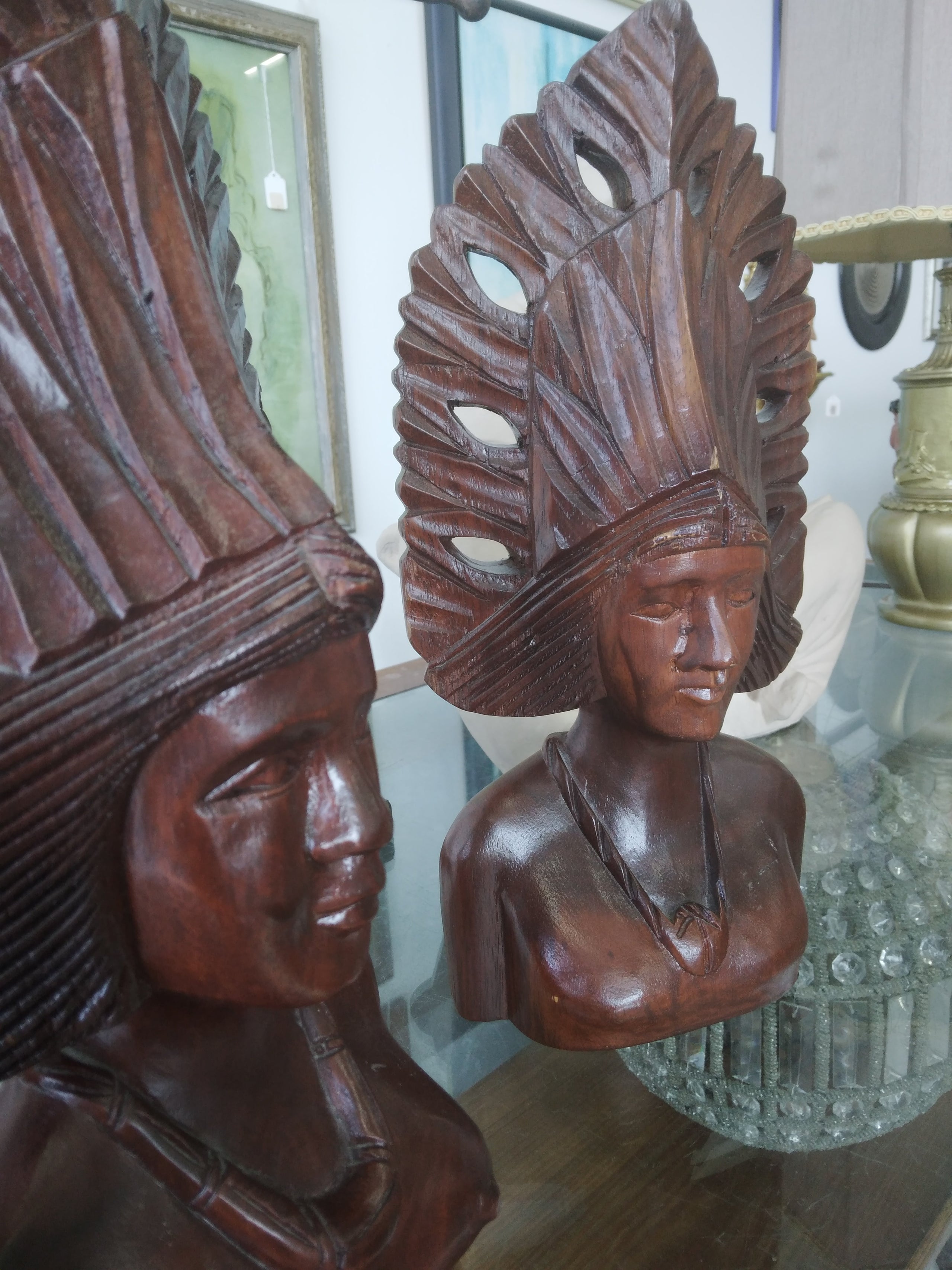 Pair - Vintage, Polynesian Teak Wood Hand Carved Bali Indian Bust ...